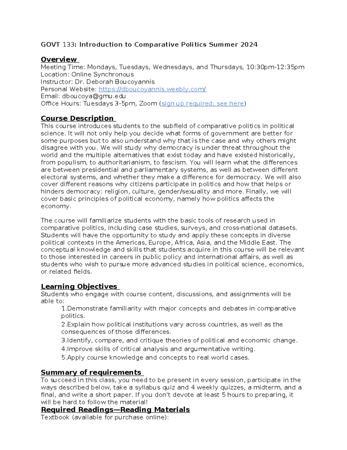 GOVT 133 Syllabus Summer 2024- Revised - GOVT 133 : Introduction to Comparative Politics Summer ...