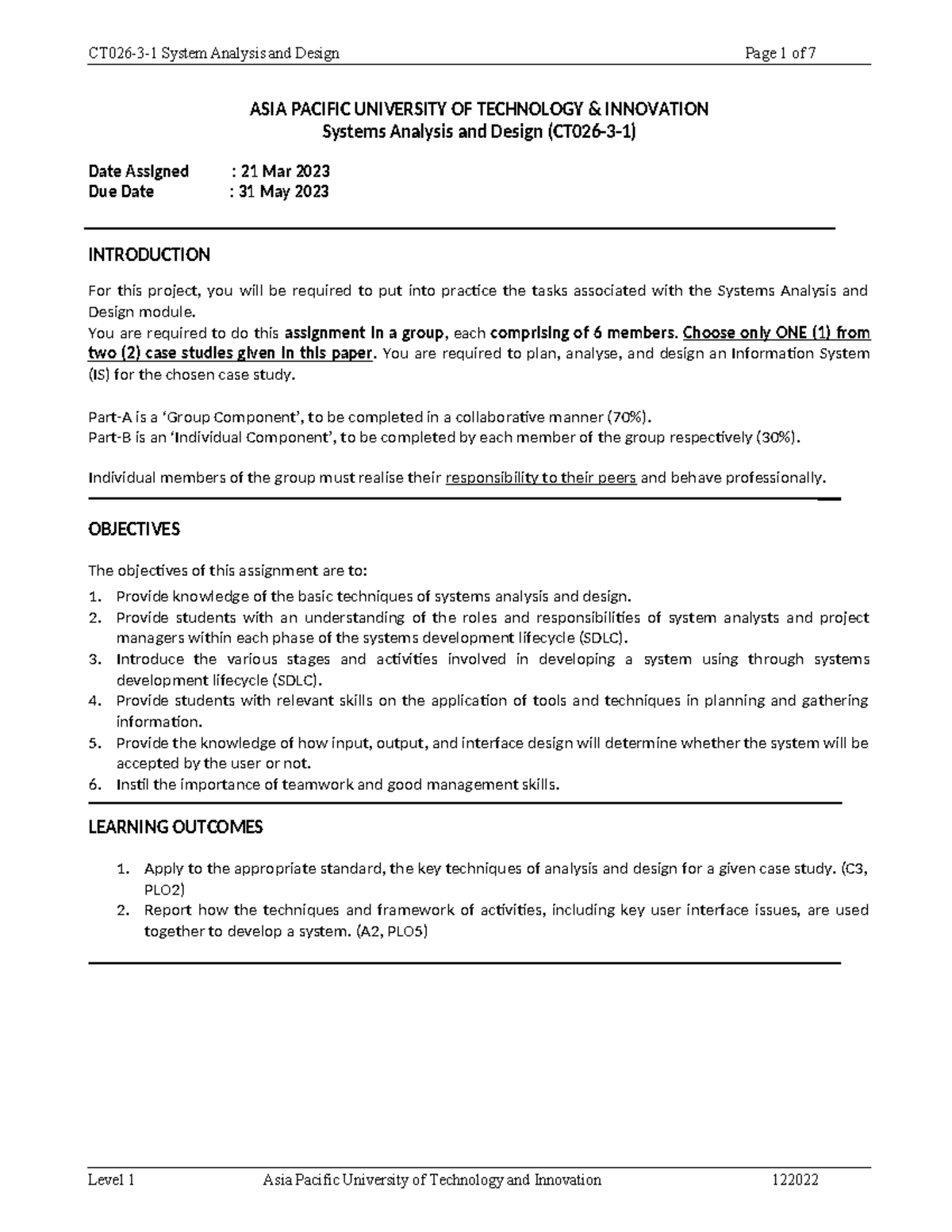 Assignment Question SAAD - ASIA PACIFIC UNIVERSITY OF TECHNOLOGY & INNOVATION Systems Analysis ...