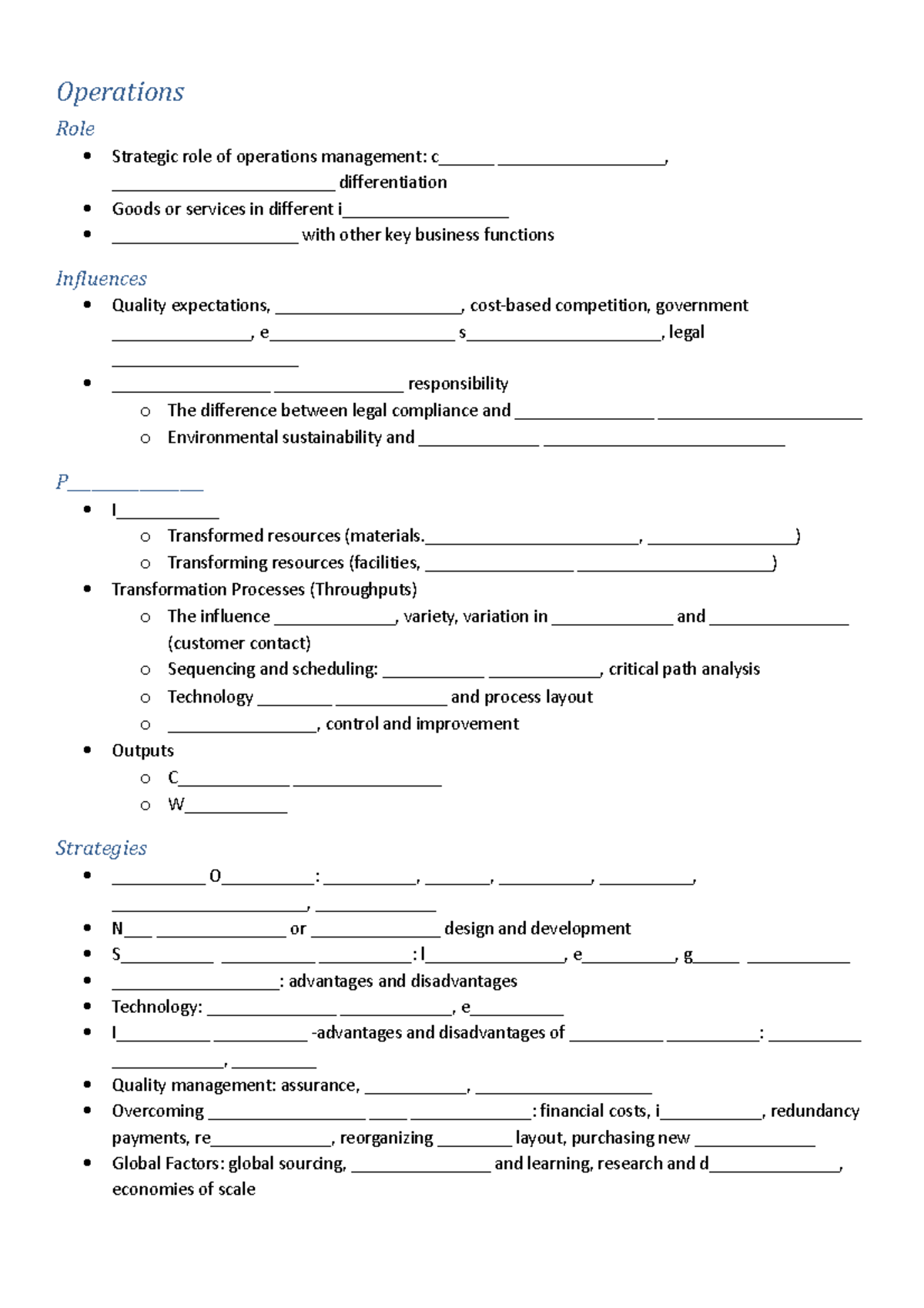 Fill in the blanks syllabus - Operations Role Strategic role of ...