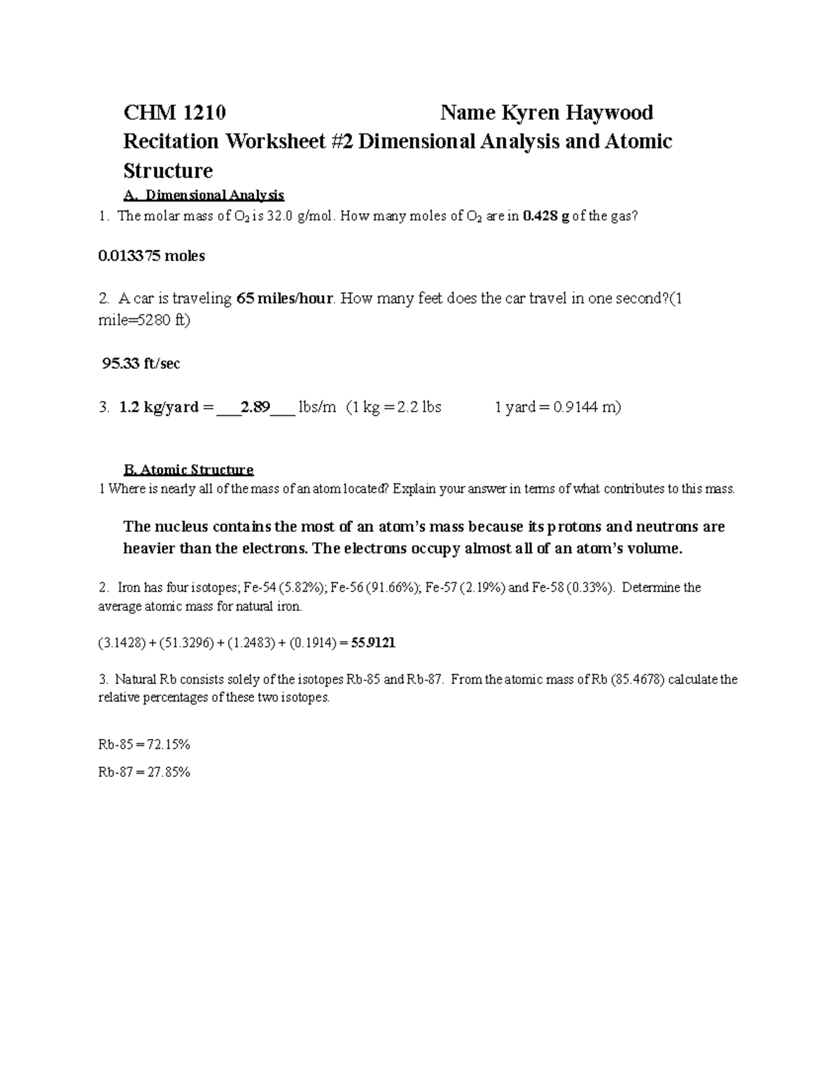 CHM 121 0R Worksheet 2 Kyren Haywood - CHM 1210 Name Kyren Haywood ...