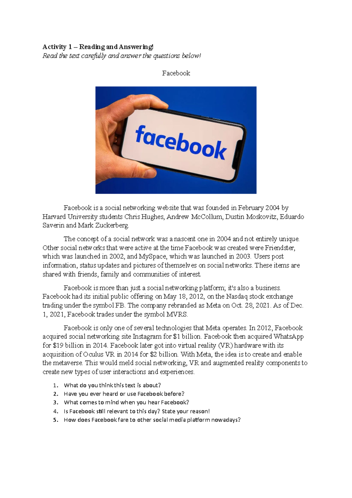 TEFL - Mod - Text - Activity 1 - Activity 1 – Reading and Answering ...