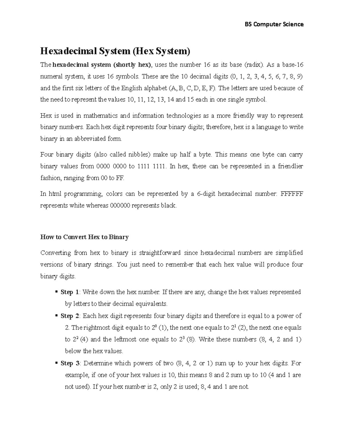 Hexadecimal System Lecture Notes 1 2 Bs Computer Science Hexadecimal System Hex System 2861