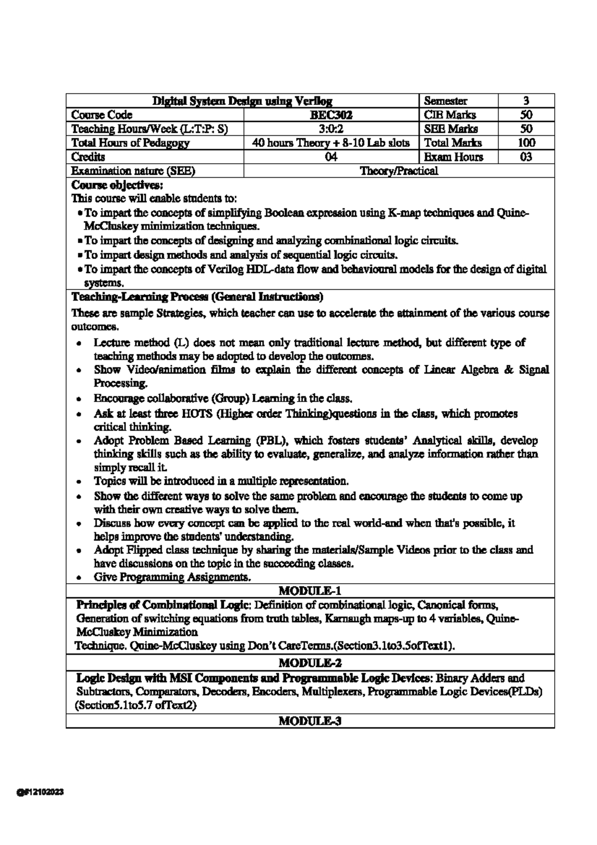 DSDV - DSDV - Digital System Design using Verilog Semester 3 Course Code BEC302 CIE Marks 50 ...