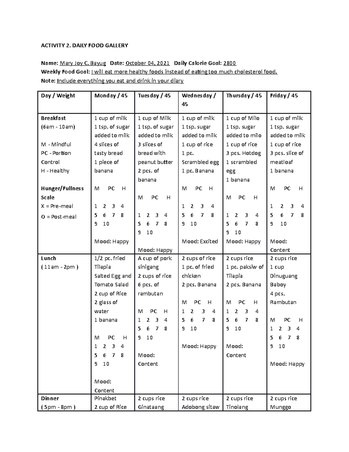 Module 2 - Activities - Activity answers - ACTIVITY 2. DAILY FOOD ...