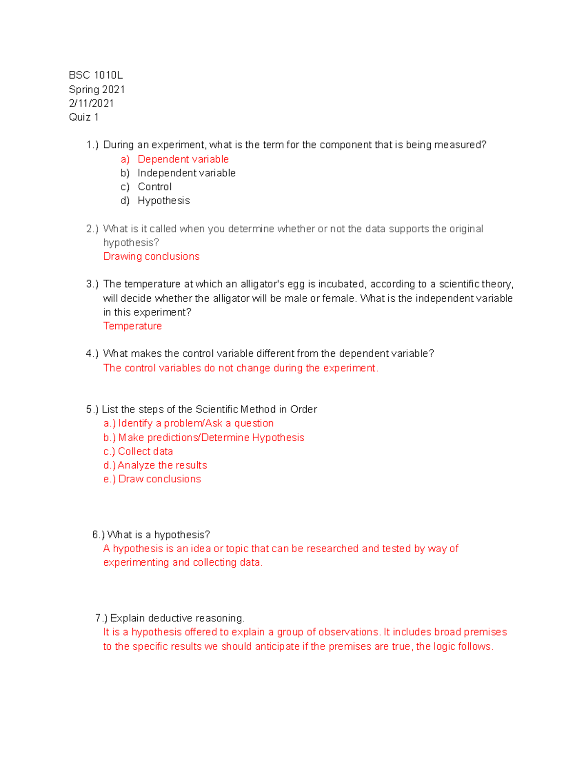BSC 1010 L Quiz 1 - A comprehensive treatment of biological principles ...