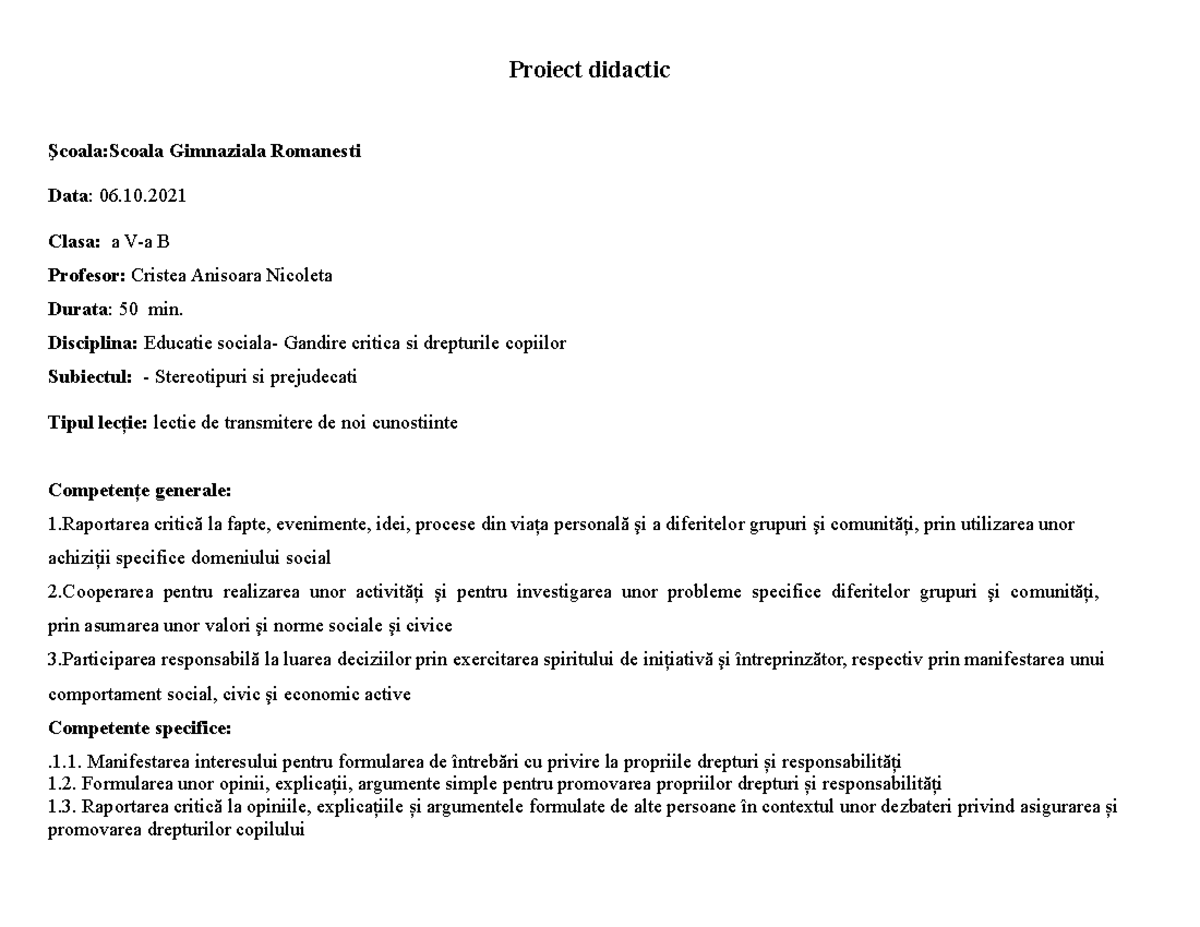 Stereotipuri si prejudecati-lectie de transmitere de noi cunostiinte ...