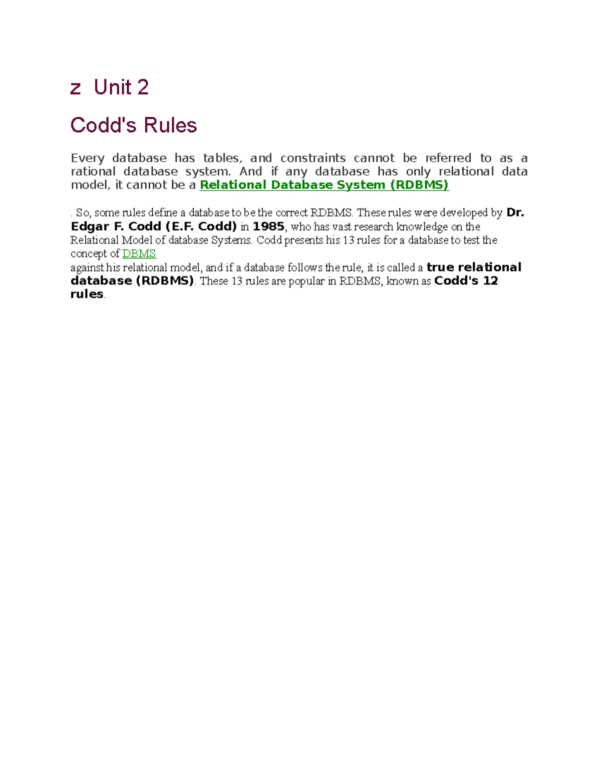 Dbms class 2 - lecture note - z Unit 2 Codd's Rules Every database has ...