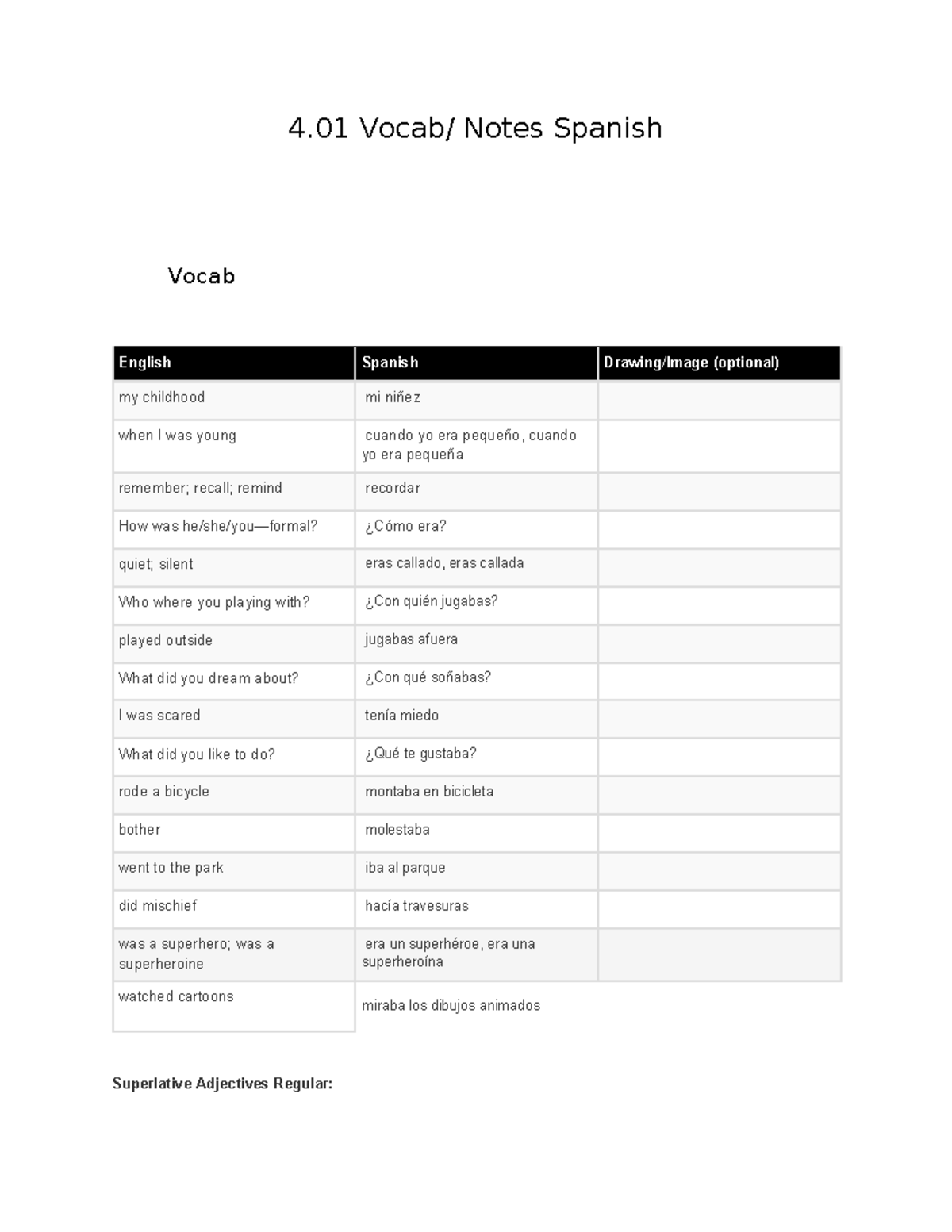 4.01-4.03 Spanish Notes - 4 Vocab/ Notes Spanish Vocab English Spanish ...