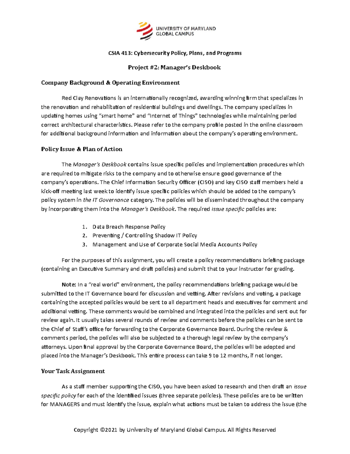 CSIA 413 Project #2 Managers Deskbook v2021 - CSIA 413: Cybersecurity ...