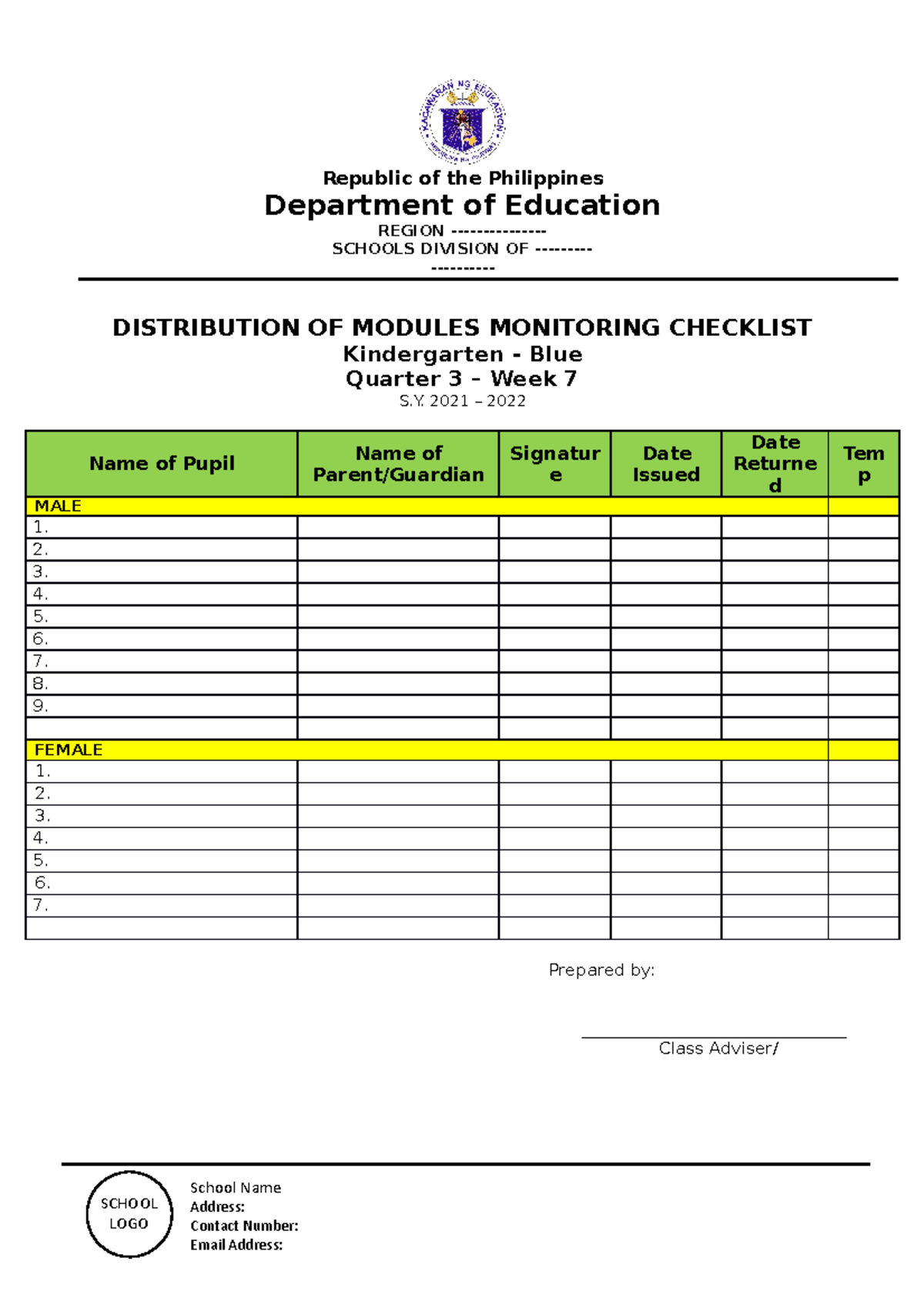 Distribution of Modules Monitoring Checklist - Kinder - Copy - 34 ...