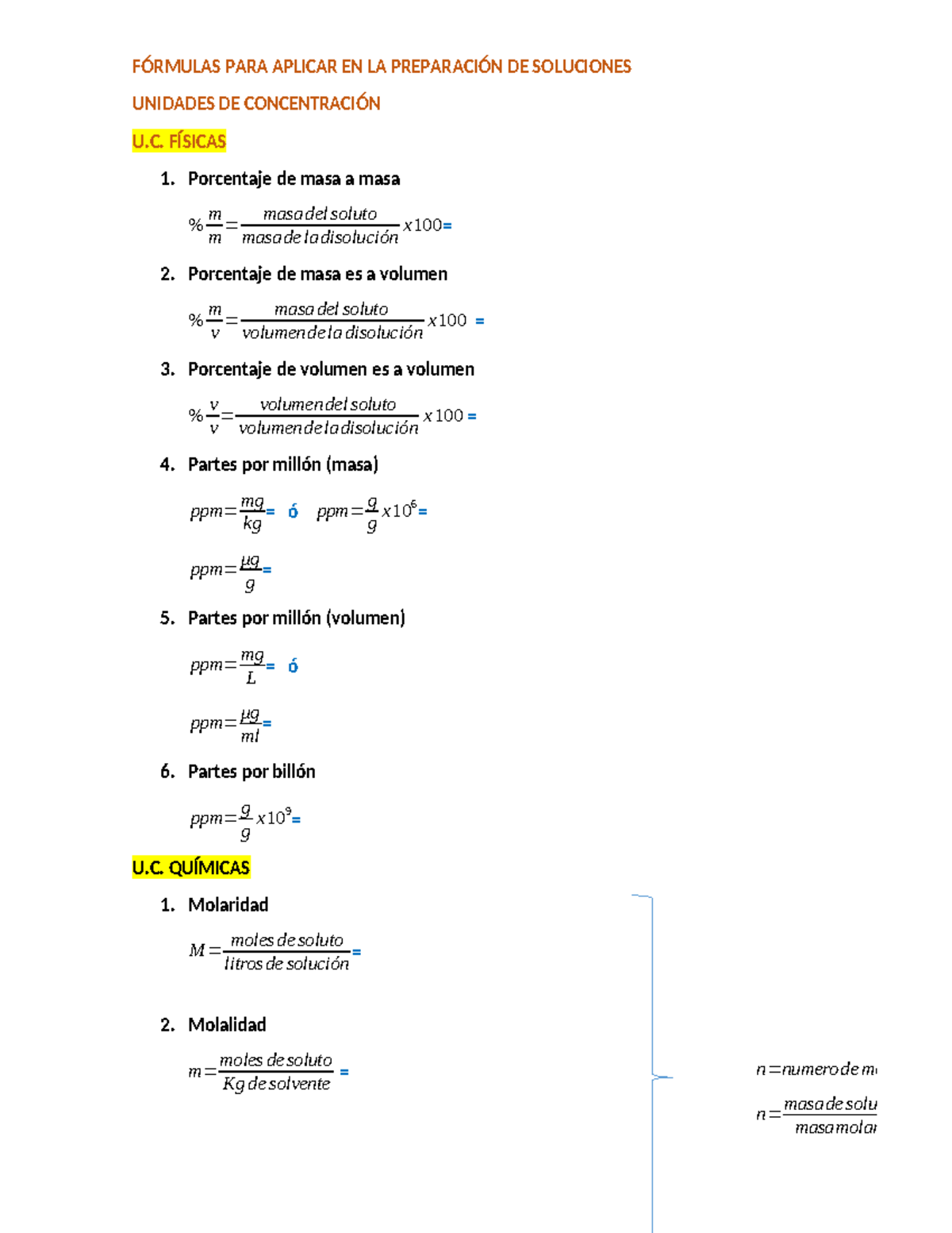 Aplicación de ejercicios sobre concentraciones - FÓRMULAS PARA APLICAR ...