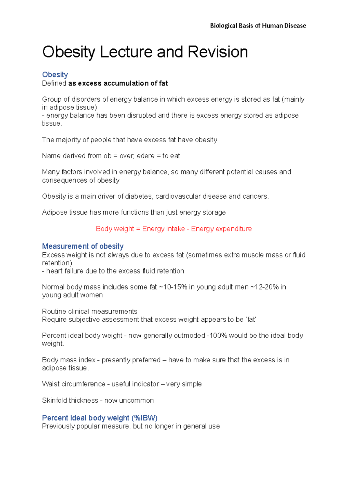 Obesity Lecture and Revision - Biological Basis of Human Disease ...