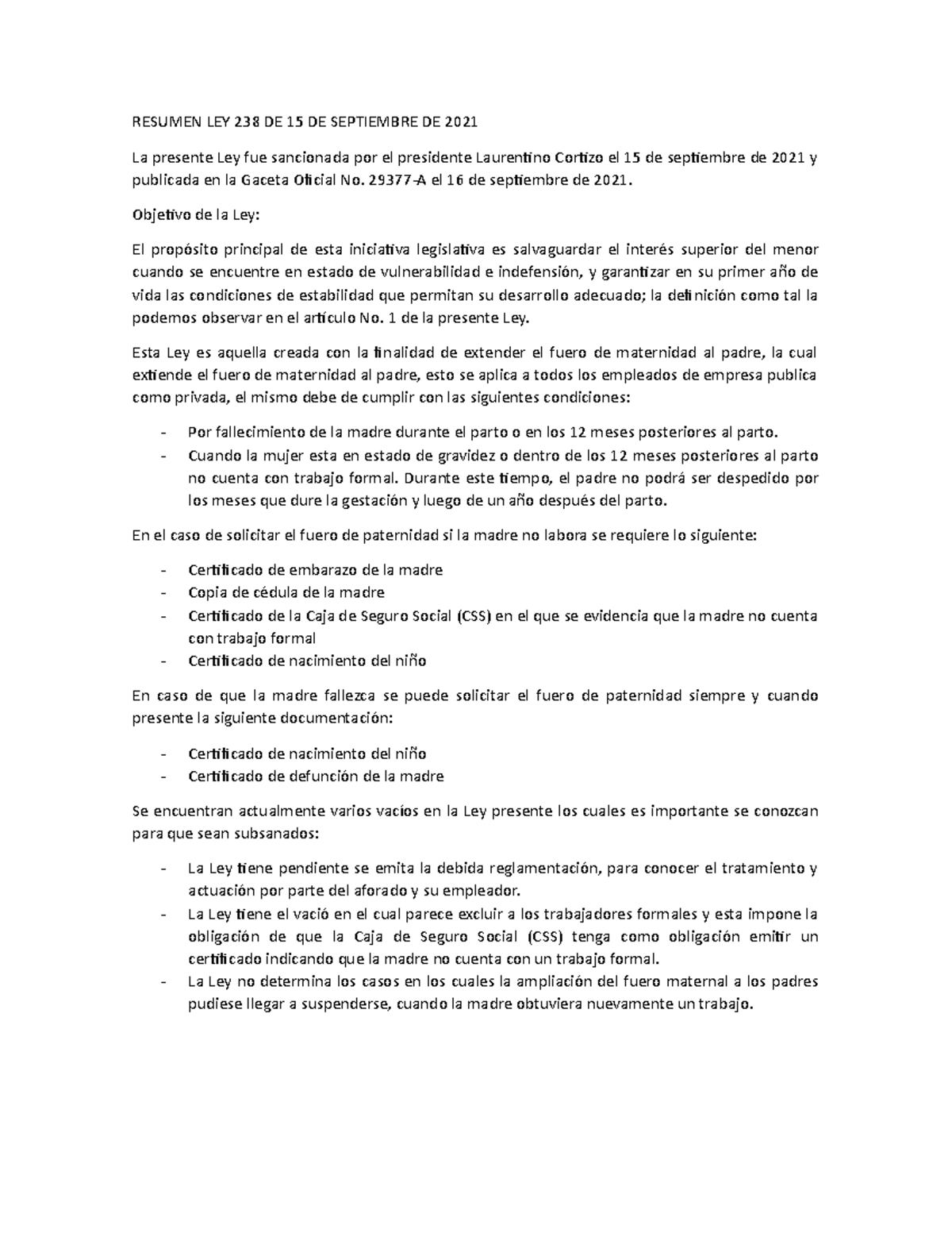 Resumen LEY 238 DE 15 DE Septiembre DE 2021 - RESUMEN LEY 238 DE 15 DE ...