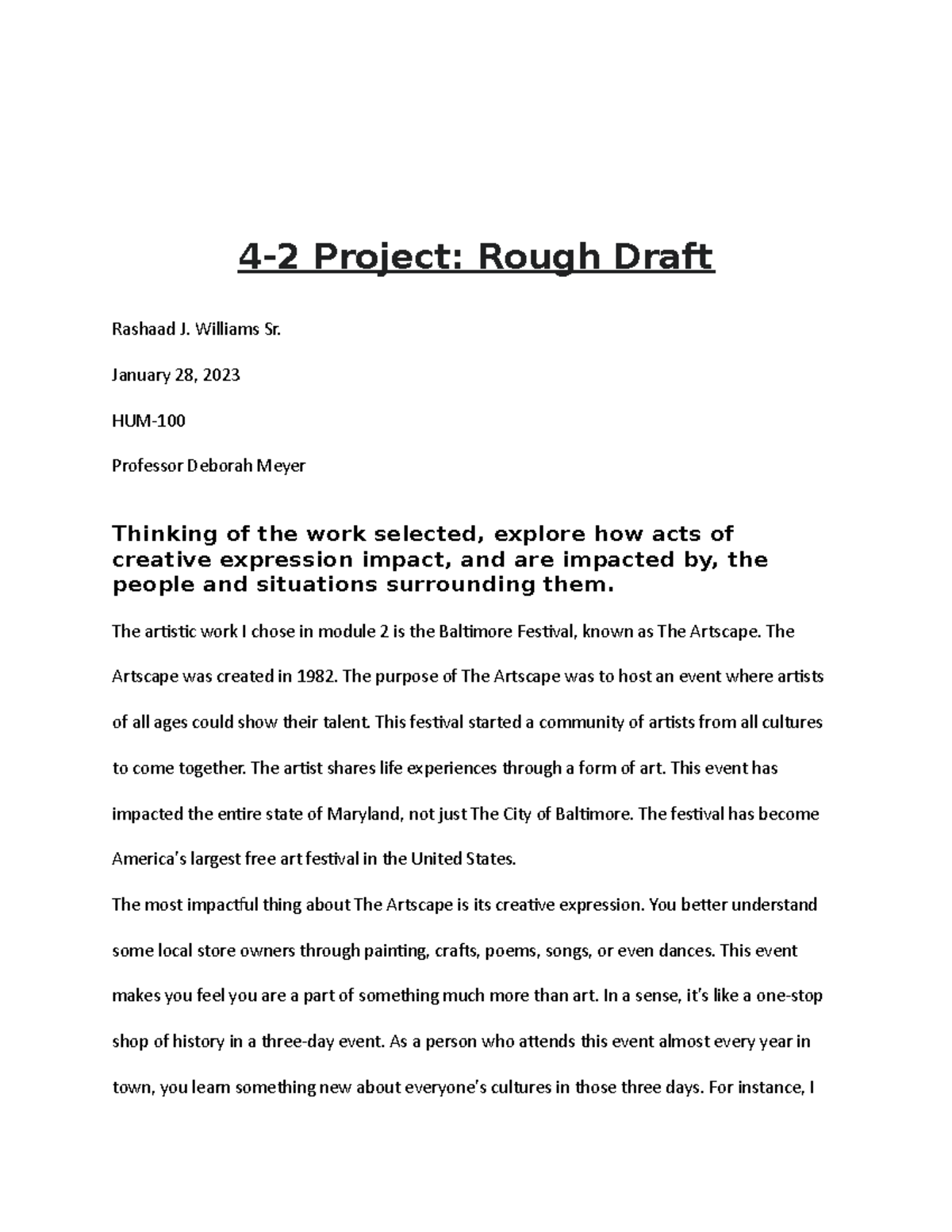4-2 Project rough draft (HUM) - 4-2 Project: Rough Draft Rashaad J ...