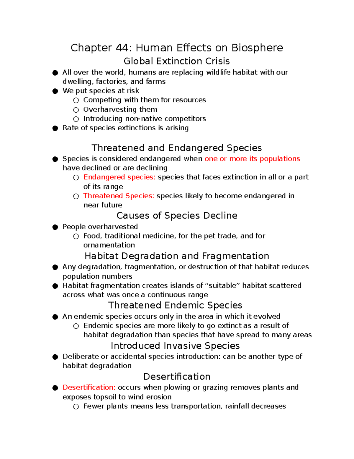 BIOL 101 Module 20 Notes Human Effects on Biosphere - Chapter 44: Human ...