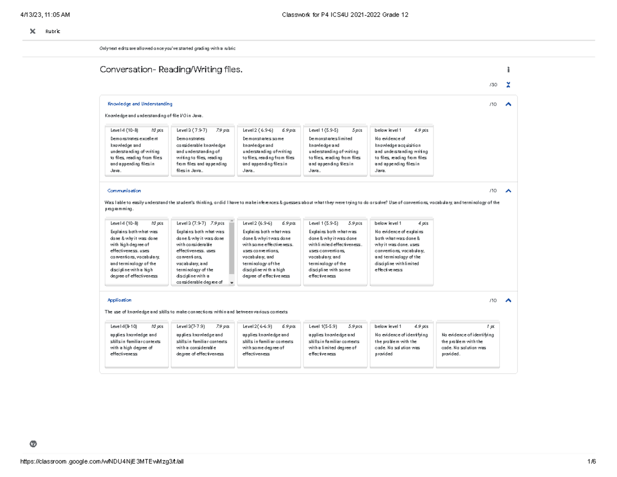 Rubric Conversation Assesment - 4/13/23, 11:05 AM Classwork for P4 ...