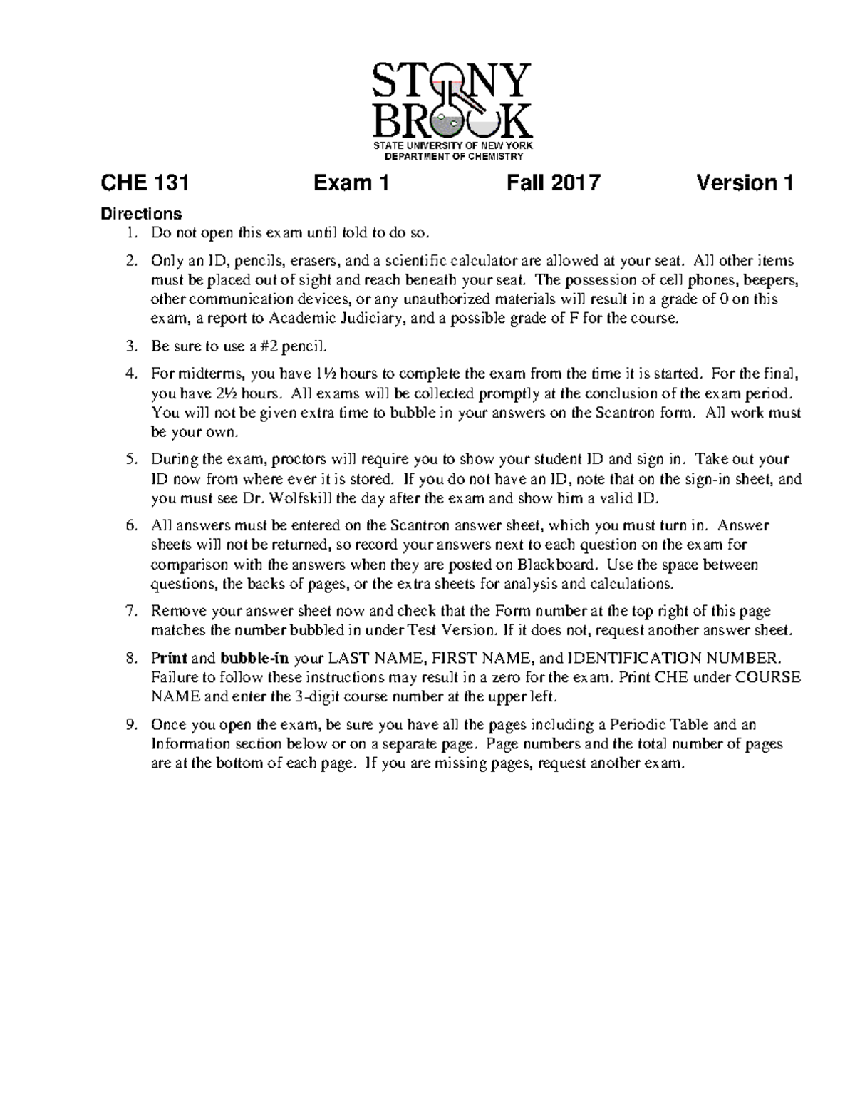 2017 Fall Exam 1 - CHE 131 Exam 1 Fall 2017 Version 1 Directions 1. Do ...