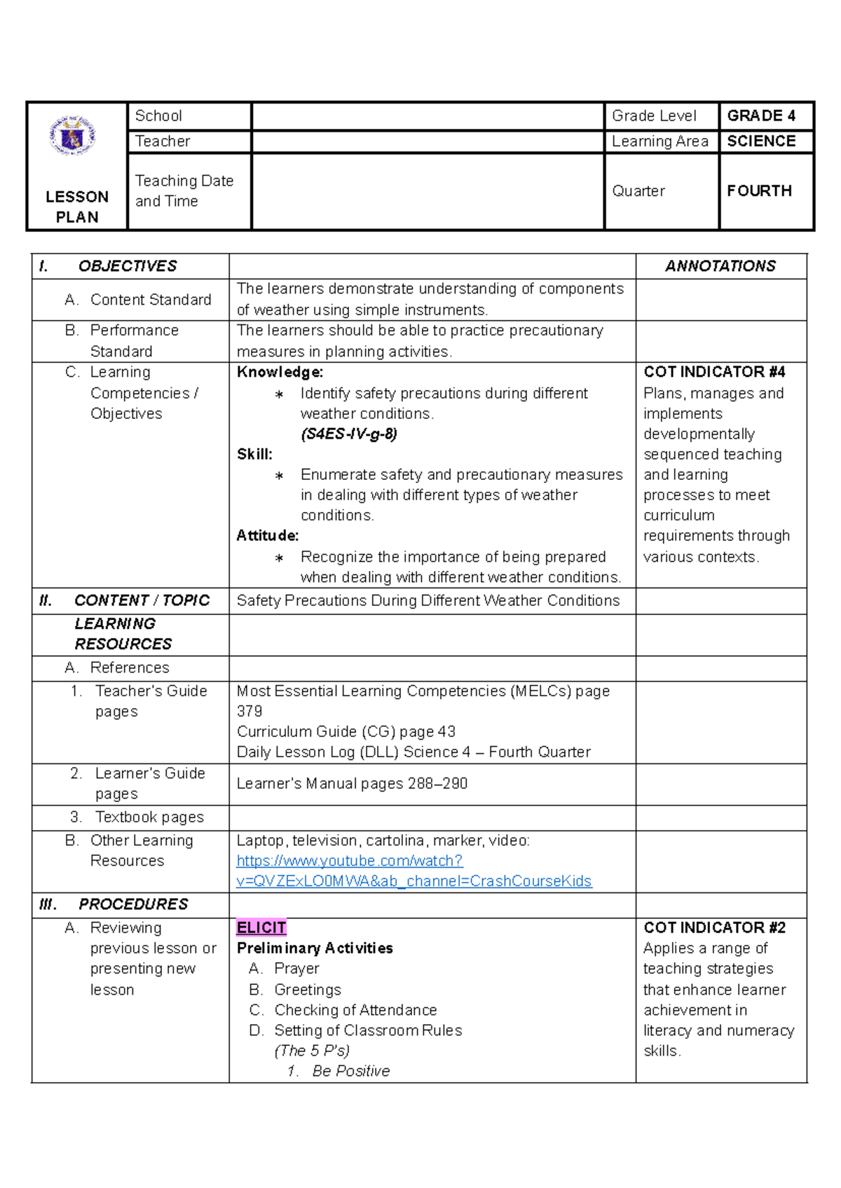 Lesson-Plan Science-4 - LESSON PLAN School Grade Level GRADE 4 Teacher ...