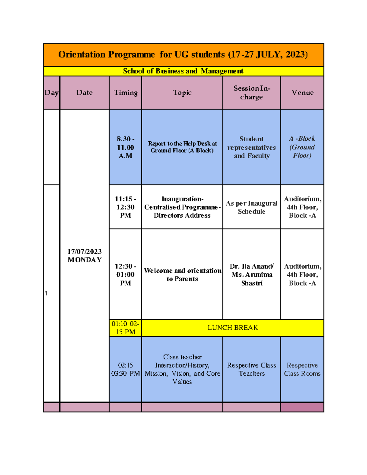 Orientation Programme UG students - Orientation Programme for UG ...