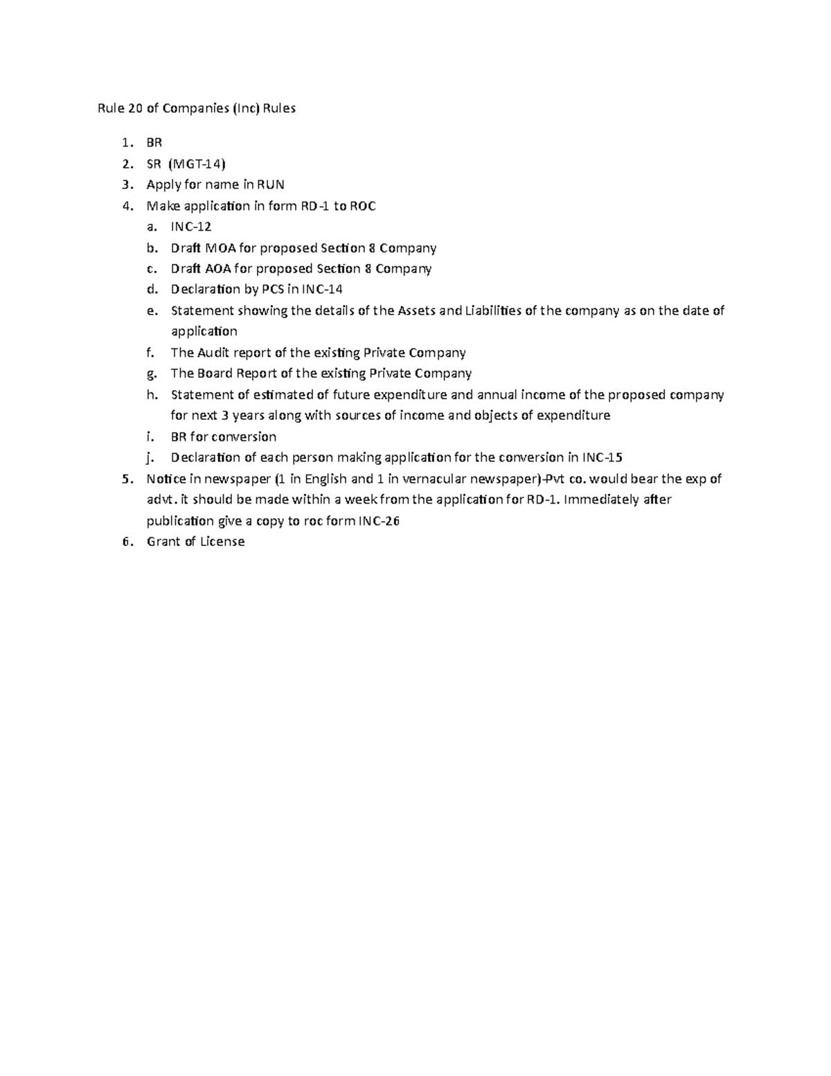 Conversion of private to Sec8 - Rule 20 of Companies (Inc) Rules BR SR ...