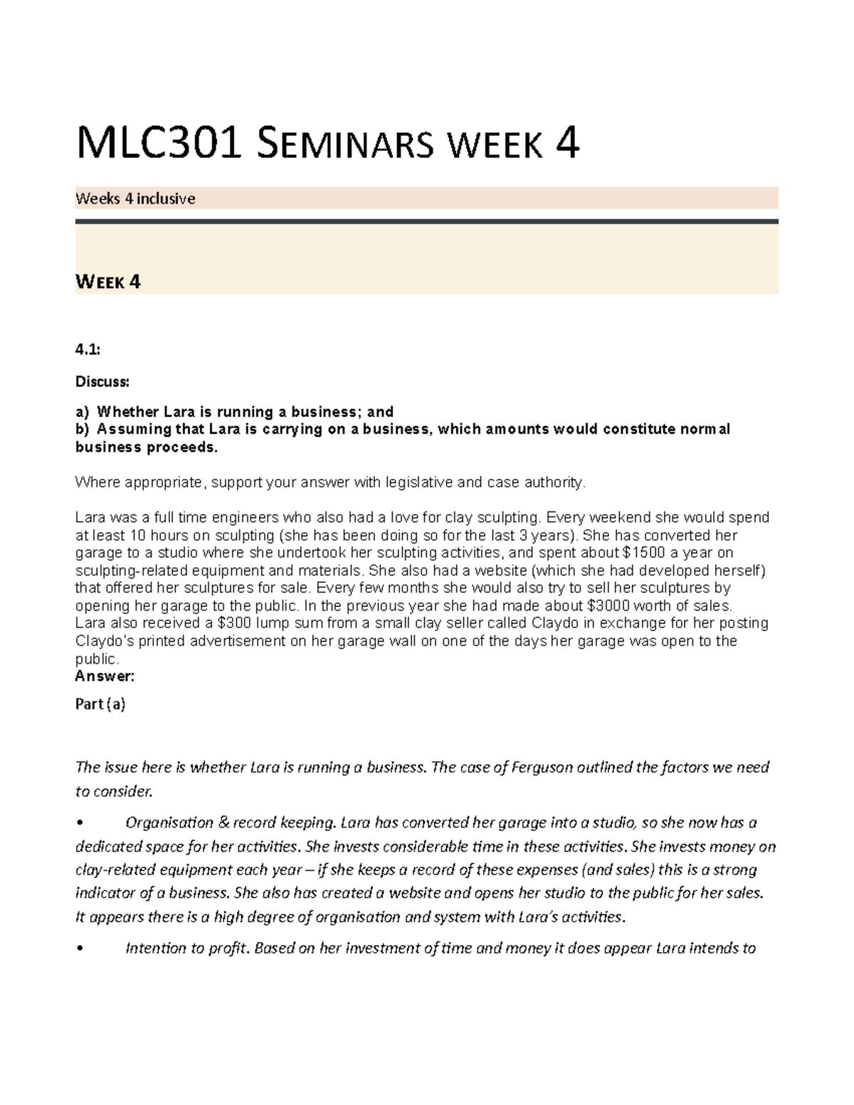 MLC301 T1 2022 Seminar Document Weeks 4Answers - MLC301 SEMINARS WEEK 4 Weeks 4 inclusive WEEK 4 ...