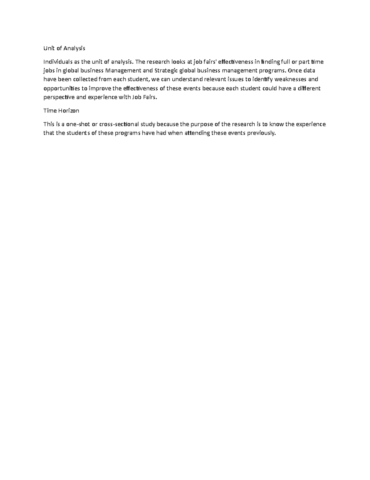 Unit of Analysis and time horison - Unit of Analysis Individuals as the ...