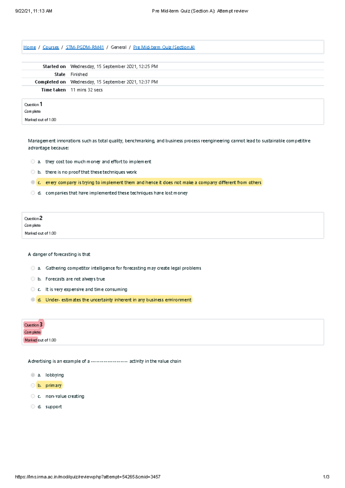 Pre Mid Term Quiz 1 - Quiz - 9/22/21, 11:13 AM Pre Mid-term Quiz ...