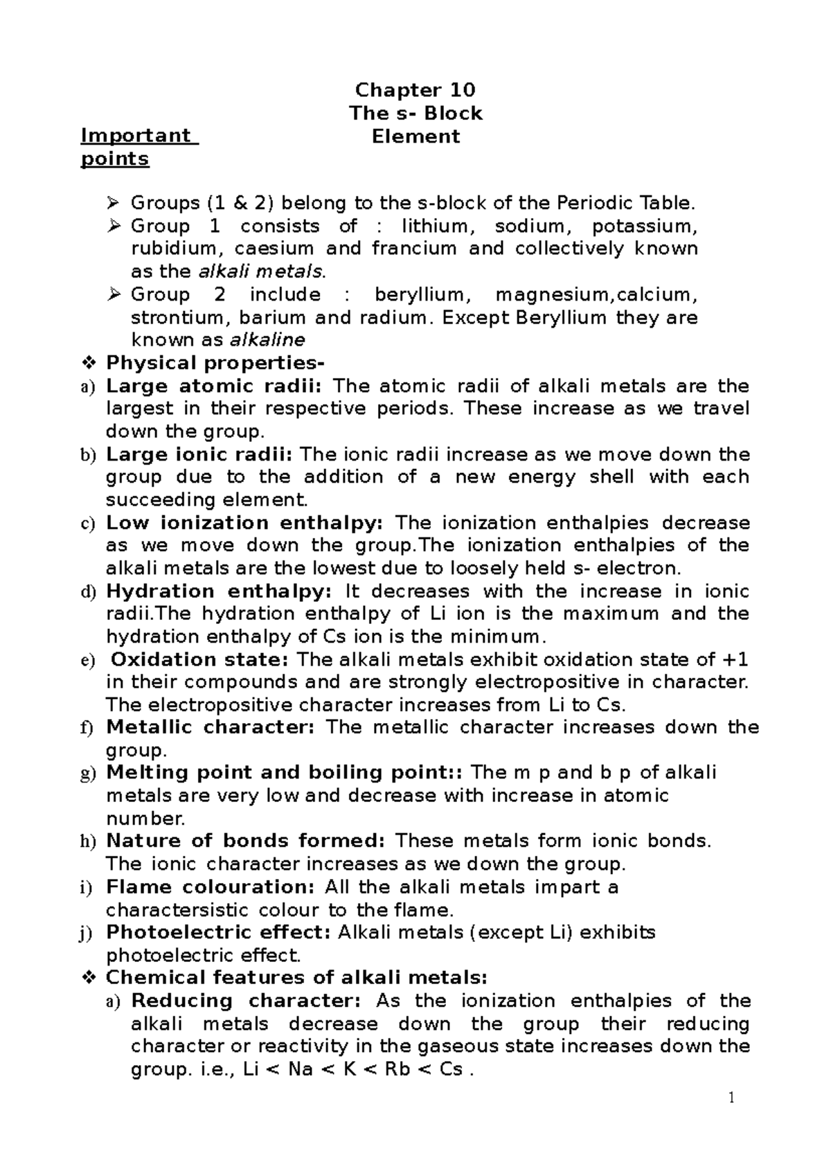 11 chemistry notes ch10 S Block - Important points Chapter 10 The s ...