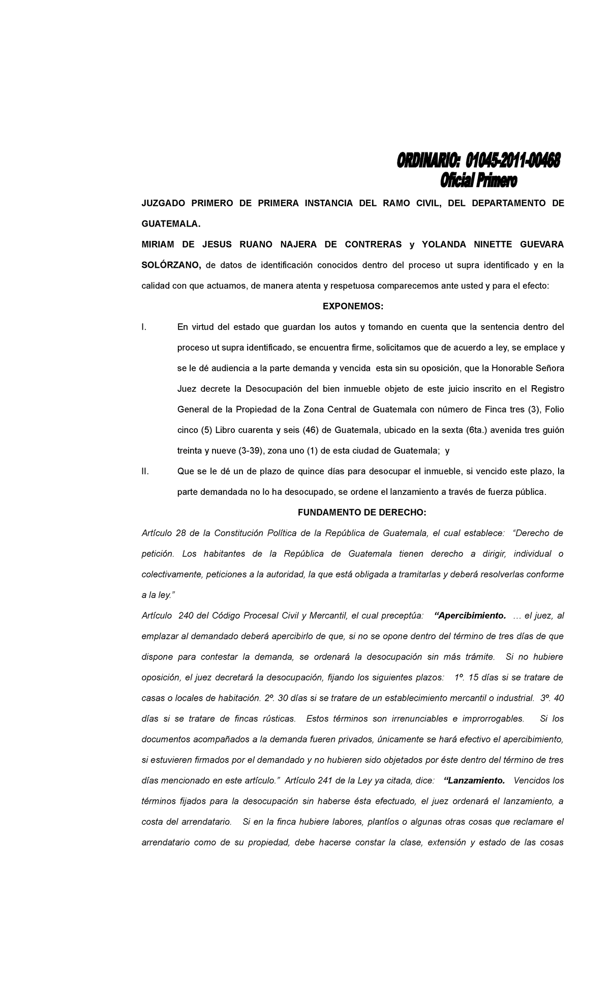 Ordinario Nuevo de Reivindicacion (Miriam Ruano)-1 - JUZGADO PRIMERO DE ...