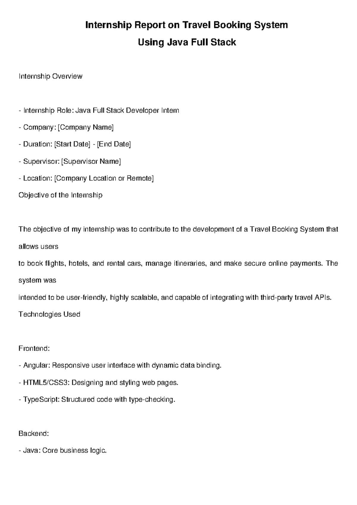 Internship Report Travel Booking Java Full Stack - Internship Report on Travel Booking System ...