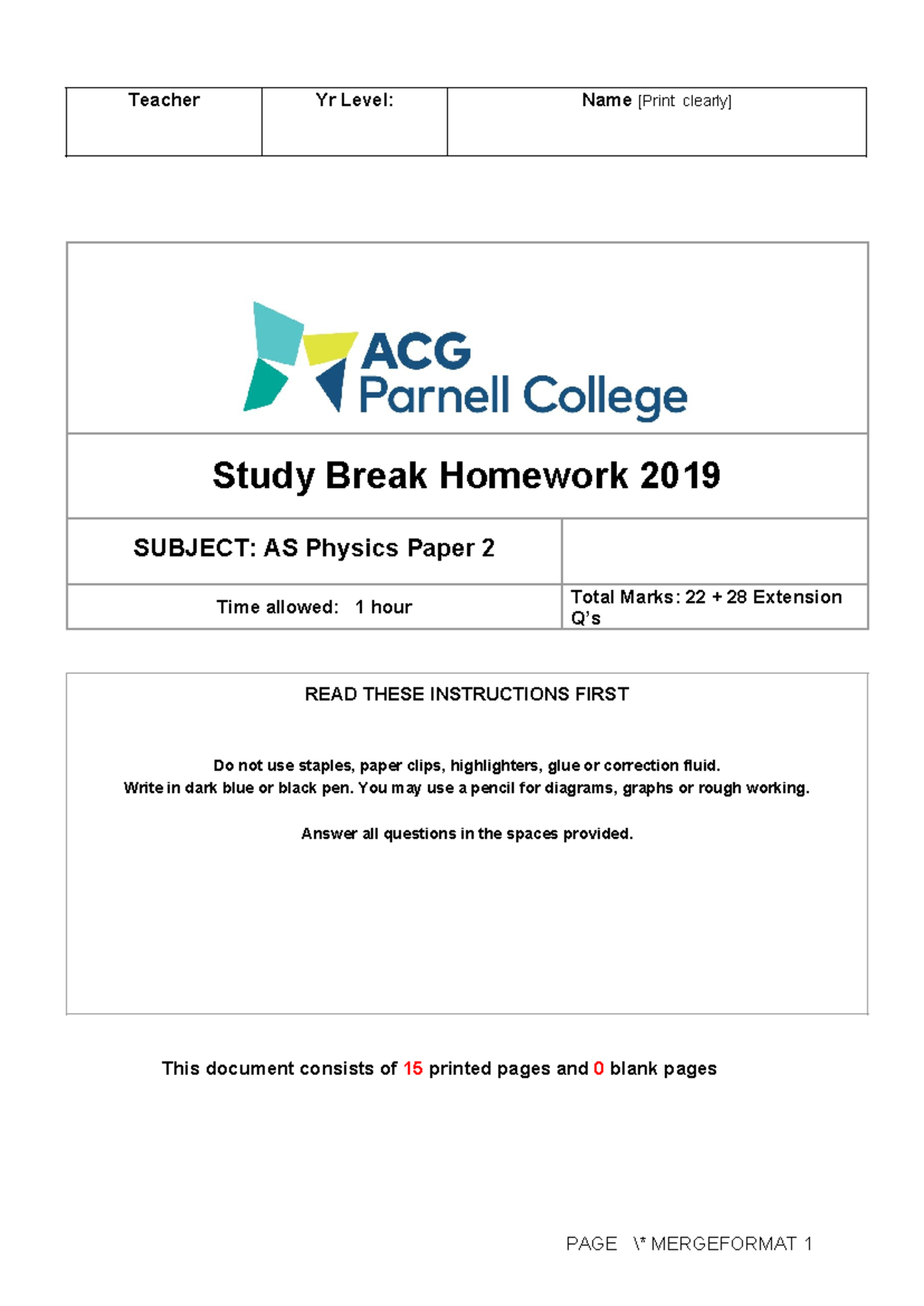 Holiday Homework Mid Year Practice P2 2019 - Teacher Yr Level: Name ...
