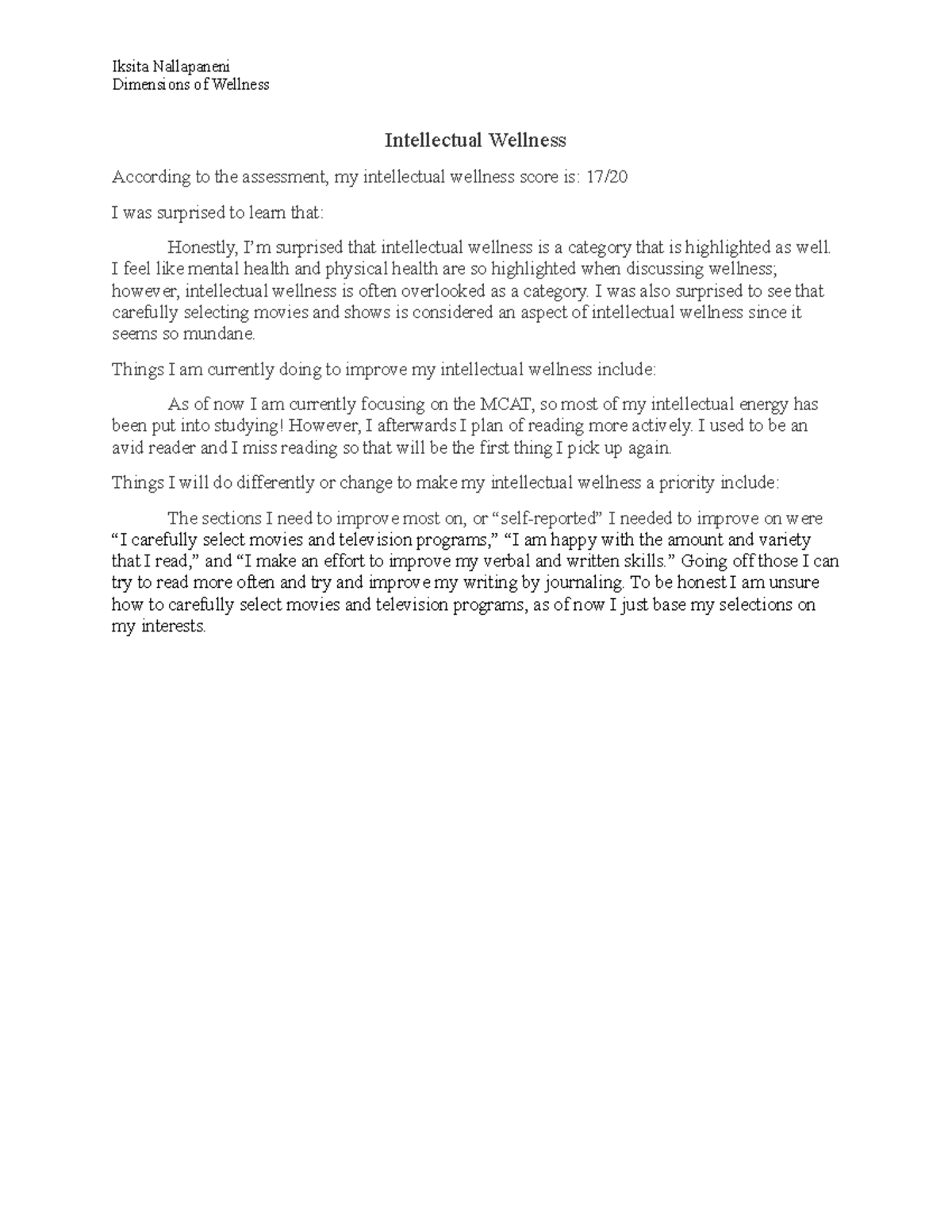 Intellectual Wellness Assignment Dimensions of wellness - Iksita ...
