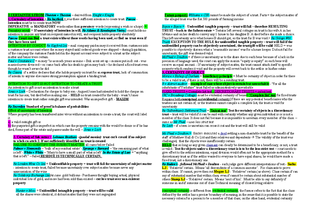 Trust law cheat sheet 2021 - 3 CERTAINTIES FROM Thexton v Thexton ...