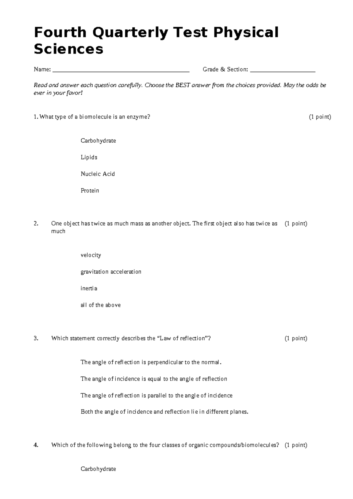 G12 4Quarterly Test - Fourth Quarterly Test Physical Sciences Name ...