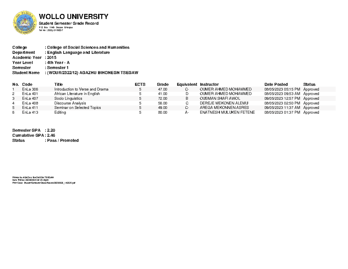introduction to health s m - WOLLO UNIVERSITY Student Semester Grade ...