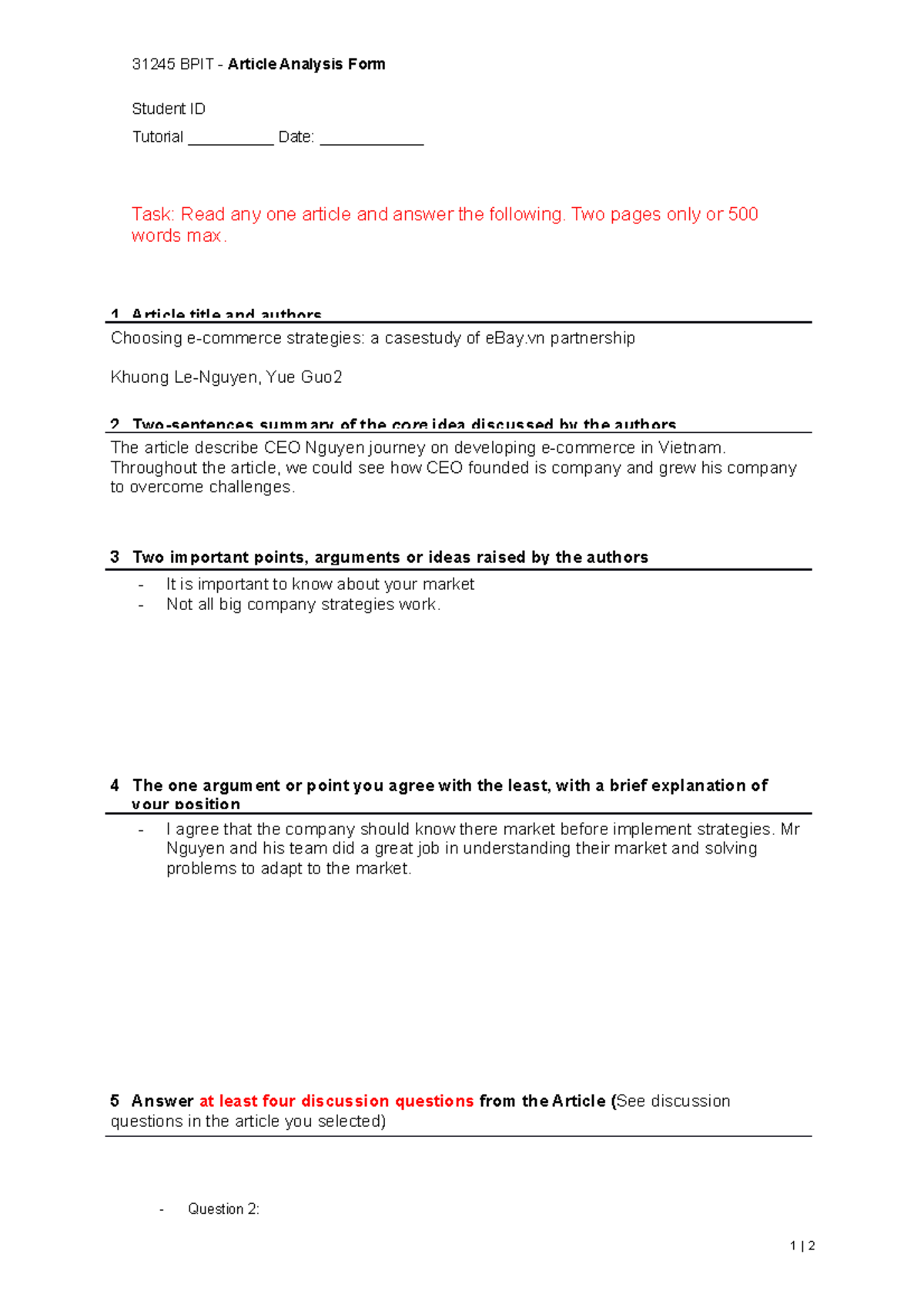 31245 Article Analysis Form - 031245 - Studocu