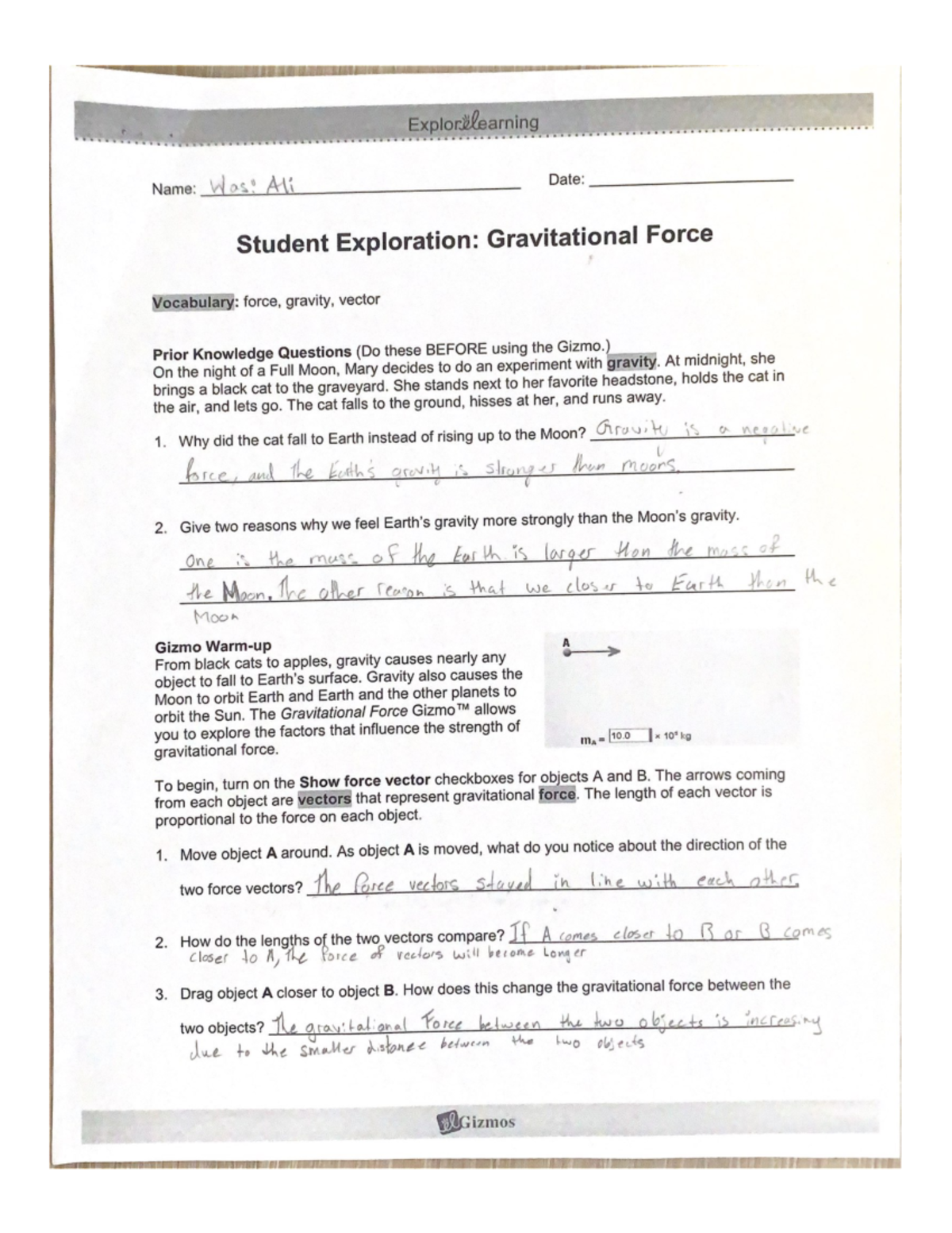 Student Exploration Gravitational Force - Studocu