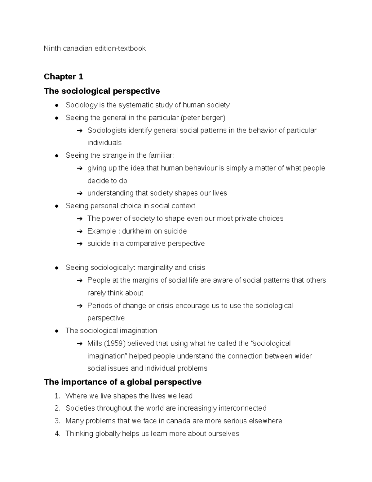 Sociology - Lecture Notes - Ninth canadian edition-textbook Chapter 1 ...
