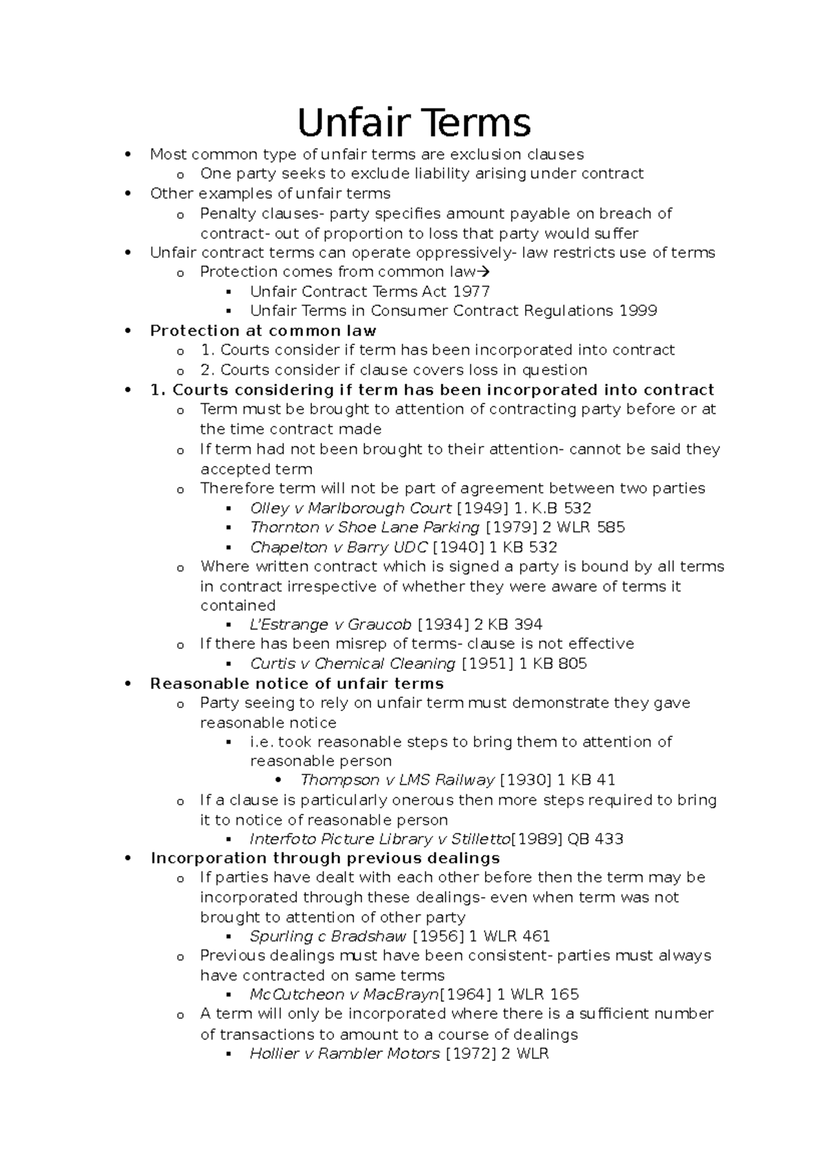 Unfair Terms notes - Unfair Terms Most common type of unfair terms are ...