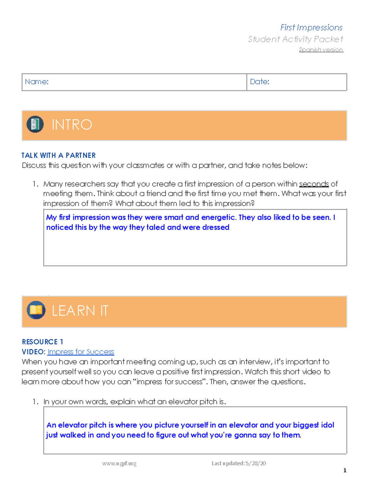 - First Impressions - First Impressions Student Activity Packet Spanish ...