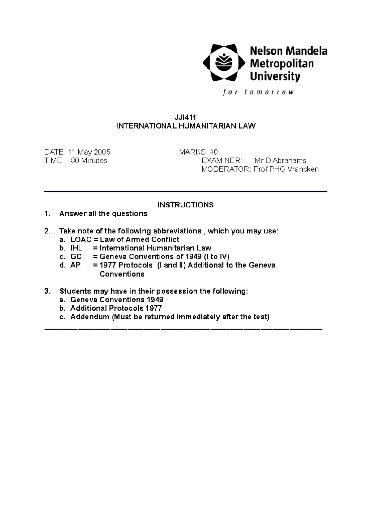 JJI411humanitarian law - JJI INTERNATIONAL HUMANITARIAN LAW DATE: 11 ...