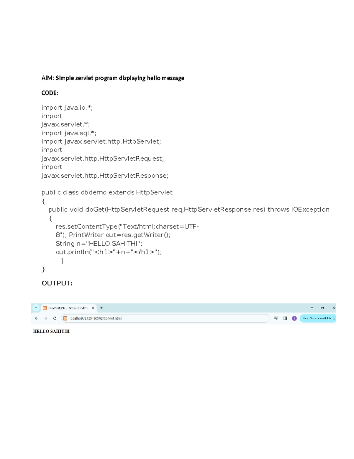 Wtrecord 509labcycle 2 - AIM: Simple servlet program displaying hello message CODE: import java ...