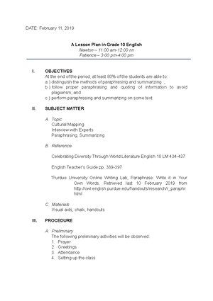 Lesson PLAN - LESSON PLAN (DRILL 19 REVIEW) I. OBJECTIVES At the end of ...