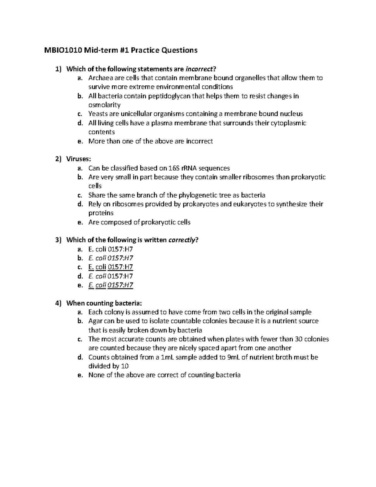 Microbiology 1010 Midterm Exam #1 Practice Questions - MBIO1010 Mid ...