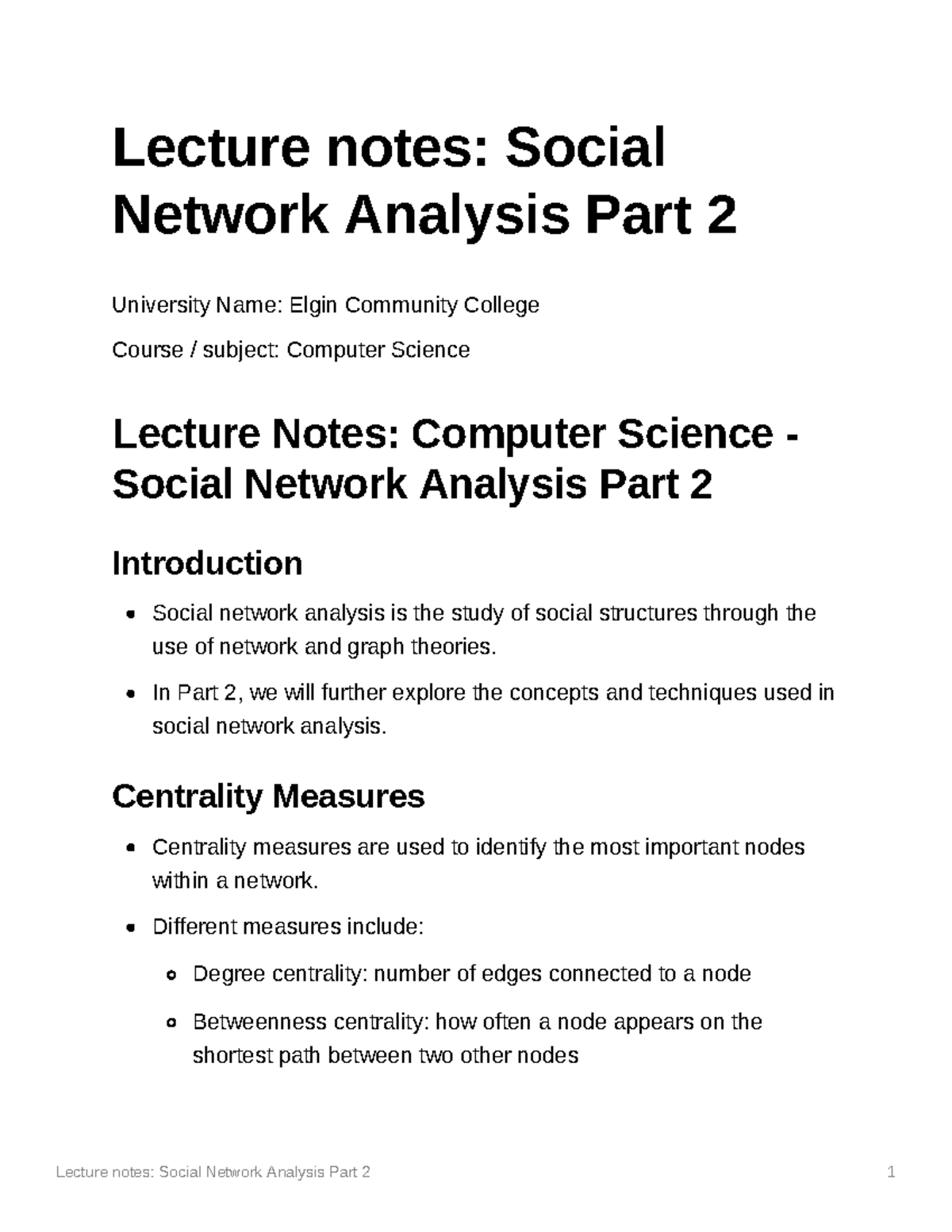 Lecture notes Social Network Analysis Part 2 - Lecture notes: Social ...