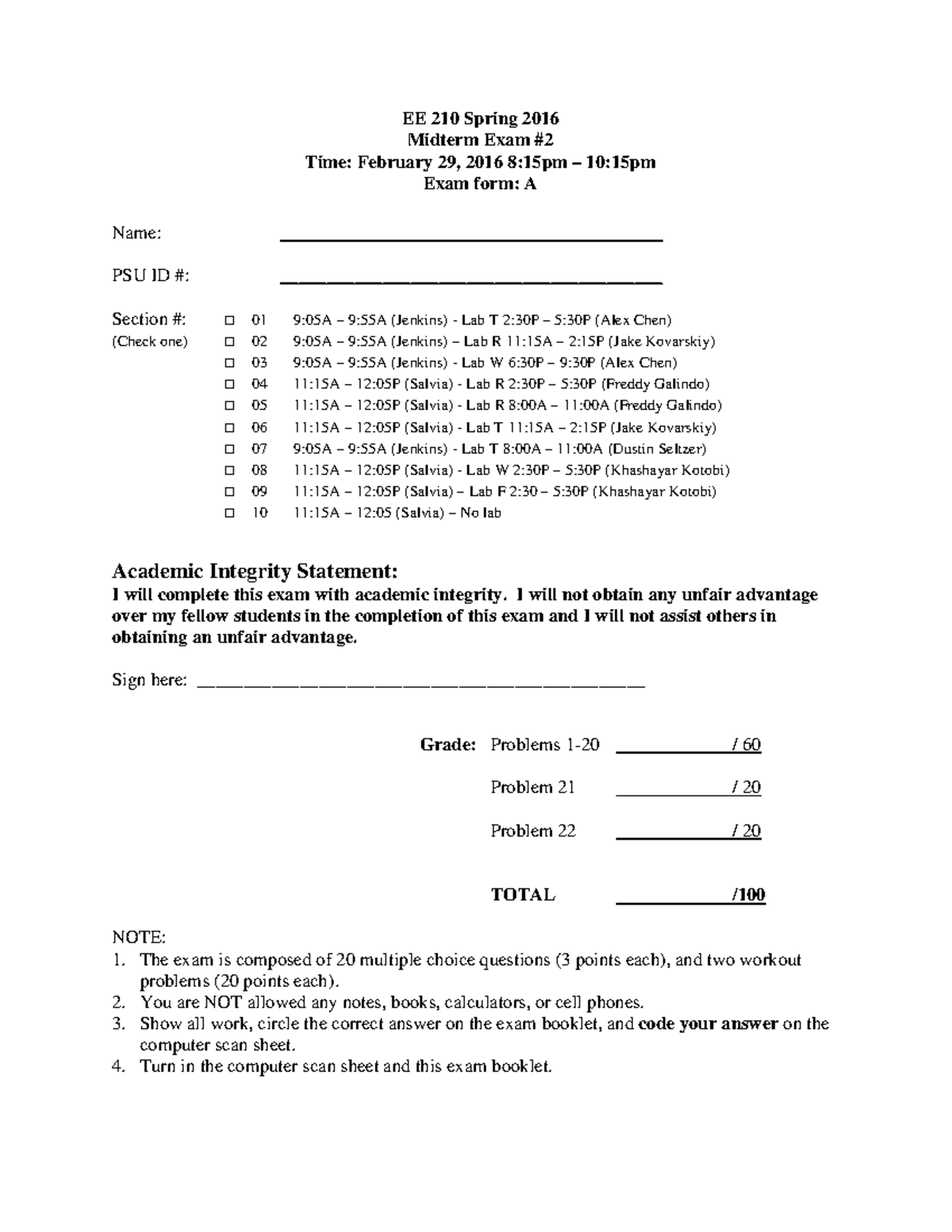 EE210 Midterm 2 2015 :2016 - EE 210 Spring 2016 Midterm Exam # Time ...
