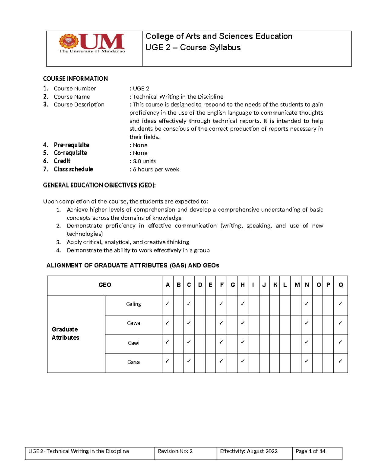 UGE-2-Syllabus - uge - UGE 2 – Course Syllabus COURSE INFORMATION 1 ...