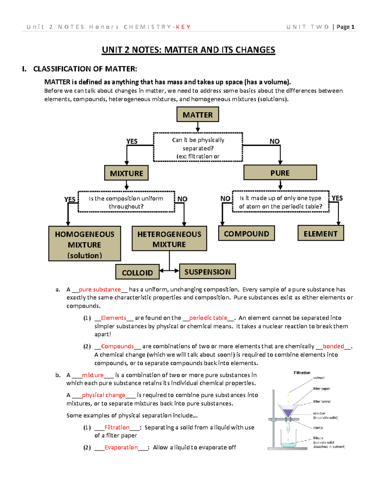 Unit 2-Properties of Matter- Notes-KEY - UNIT 2 NOTES: MATTER AND ITS ...