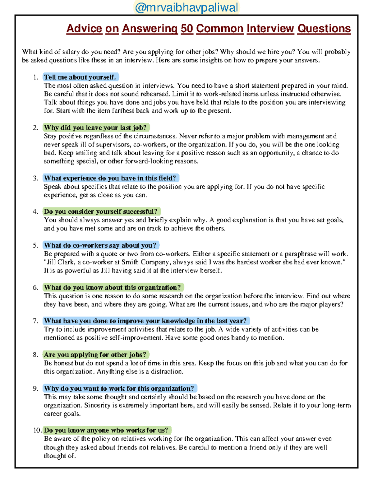 Advice on Answering 50 Common Interview Questions - Advice on Answering ...