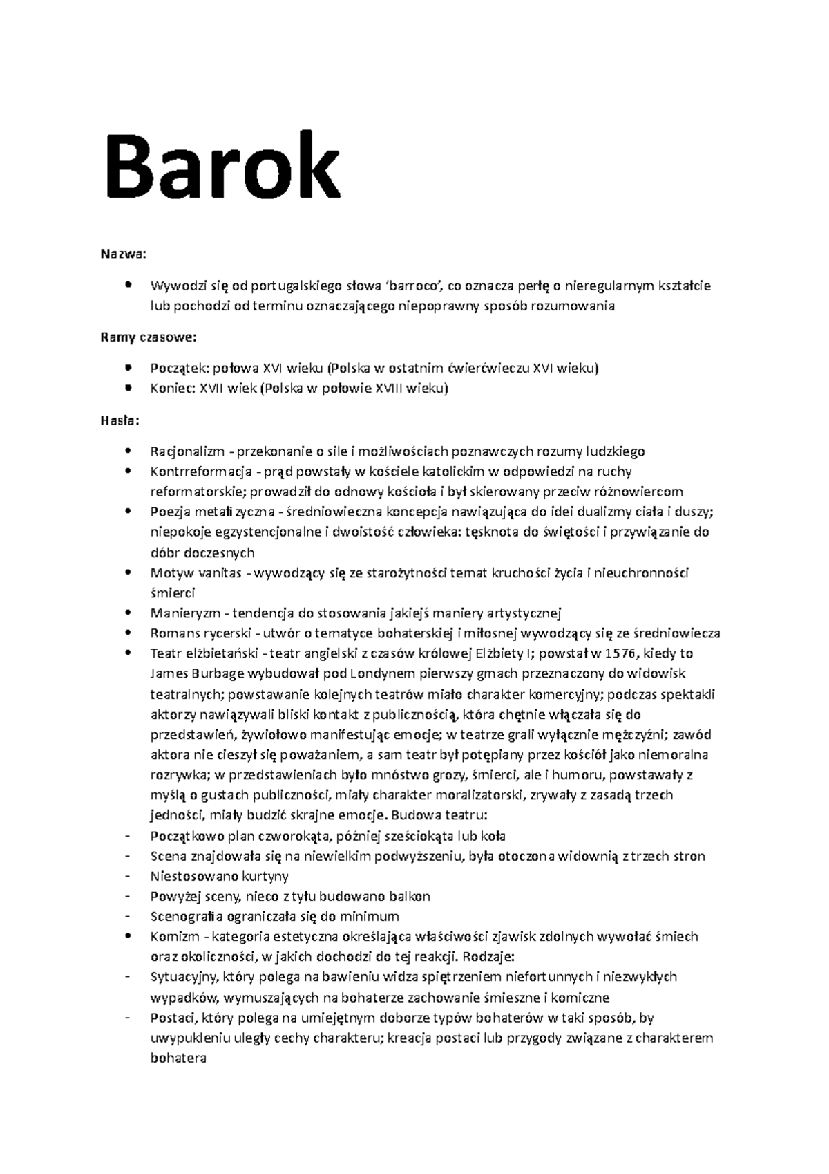 Barok - Barok Nazwa: Wywodzi się od portugalskiego słowa ‘barroco’, co oznacza perłę o - Studocu